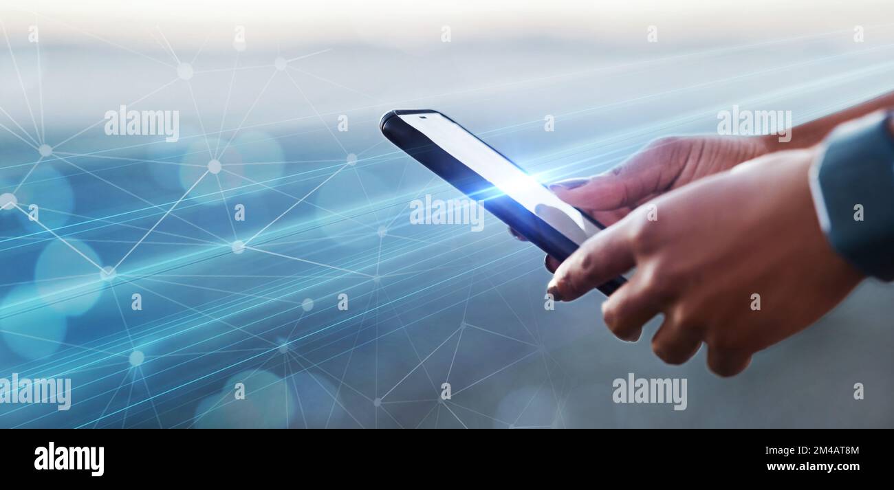 Phone, future and ai communication hands of woman with double exposure ...