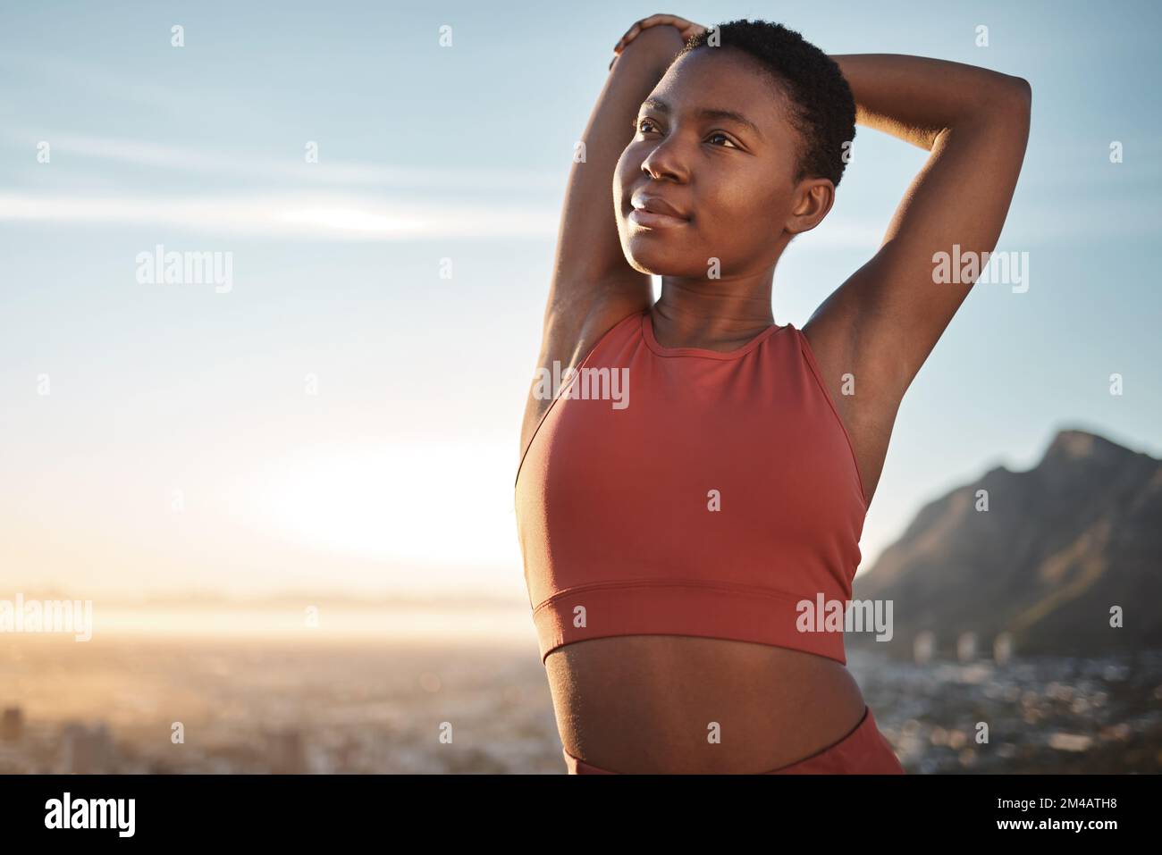 Fitness, stretching and mockup with a sports black woman outdoor in ...