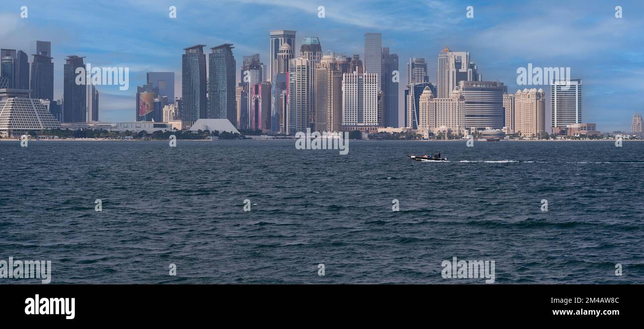 Doha skyline from the box park in Doha, Qatar sunset shot with clouds ...