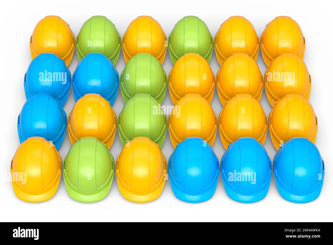 Set of safety helmets or hard caps for carpentry work in row on white ...