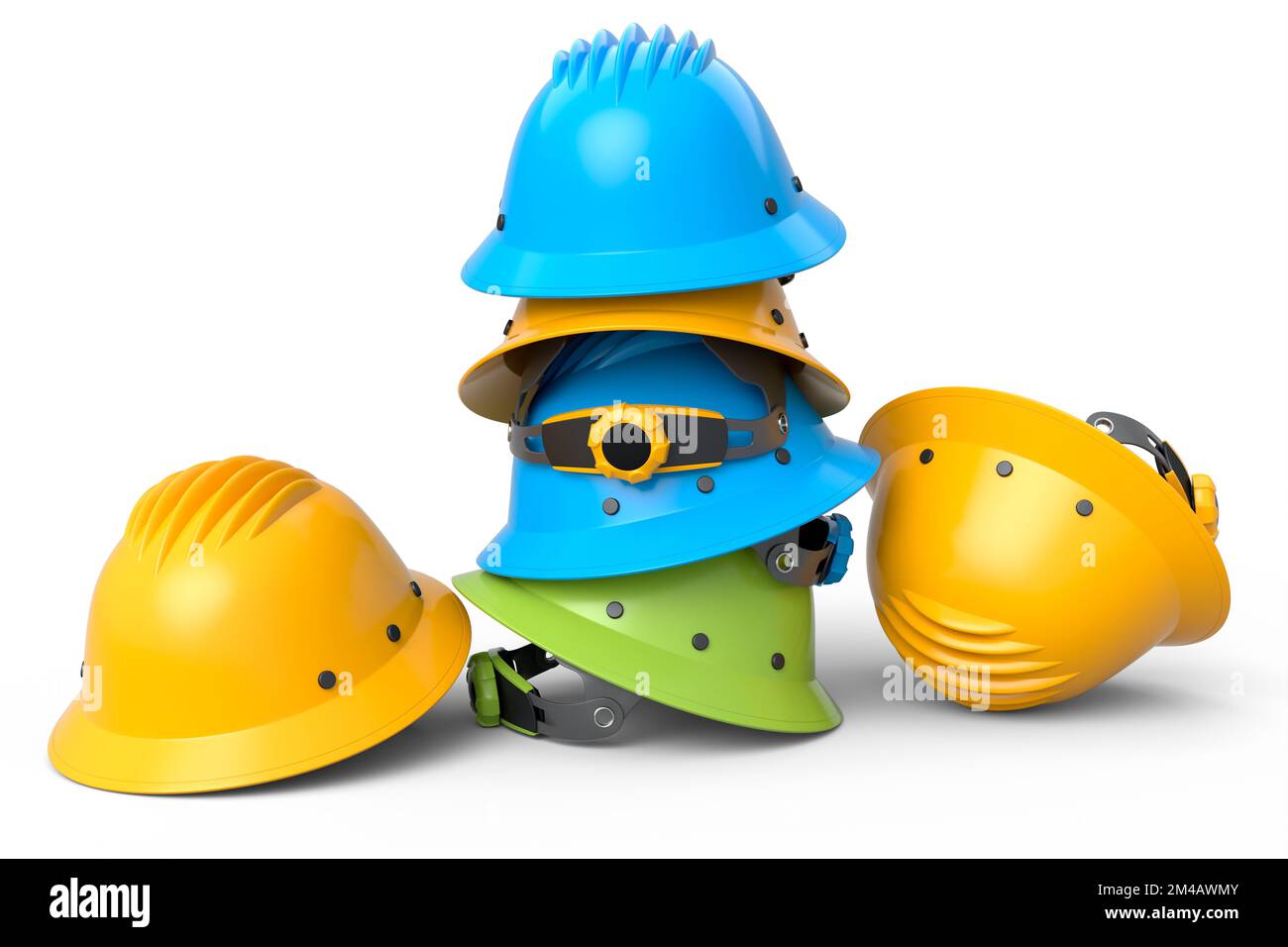 Heap of safety helmets or hard caps on white background. 3d render and ...