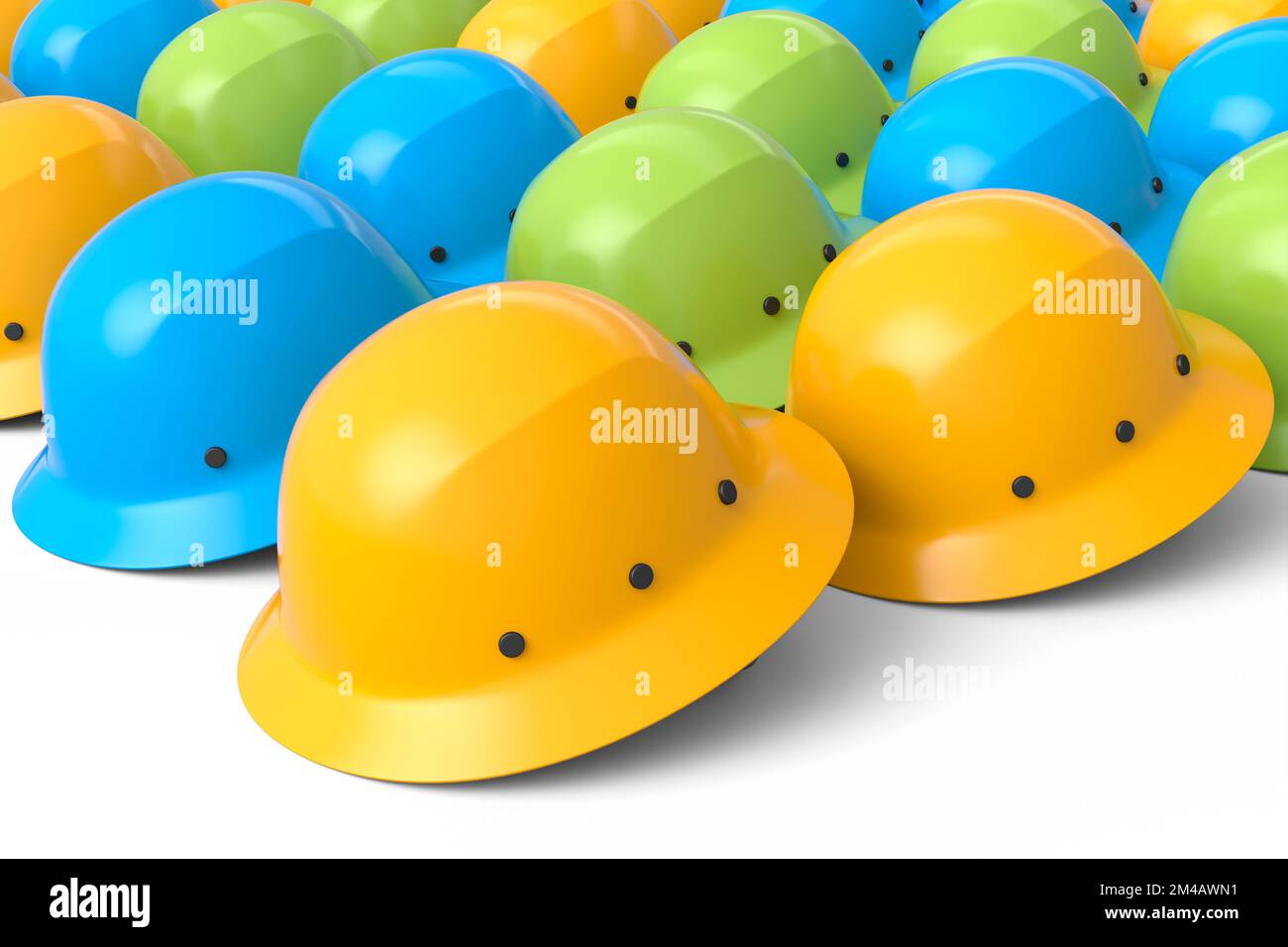 Set of safety helmets or hard caps for carpentry work in row on white ...