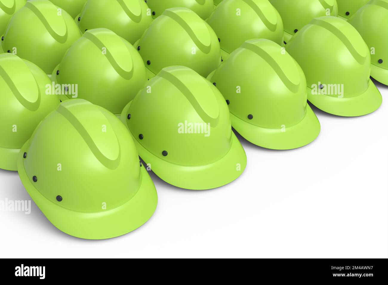 Set of safety helmets or hard caps for carpentry work in row on white ...