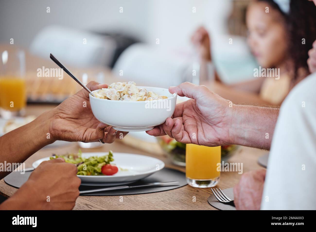 Food, lunch and hands pass bowl with delicious pasta at home. Brunch ...