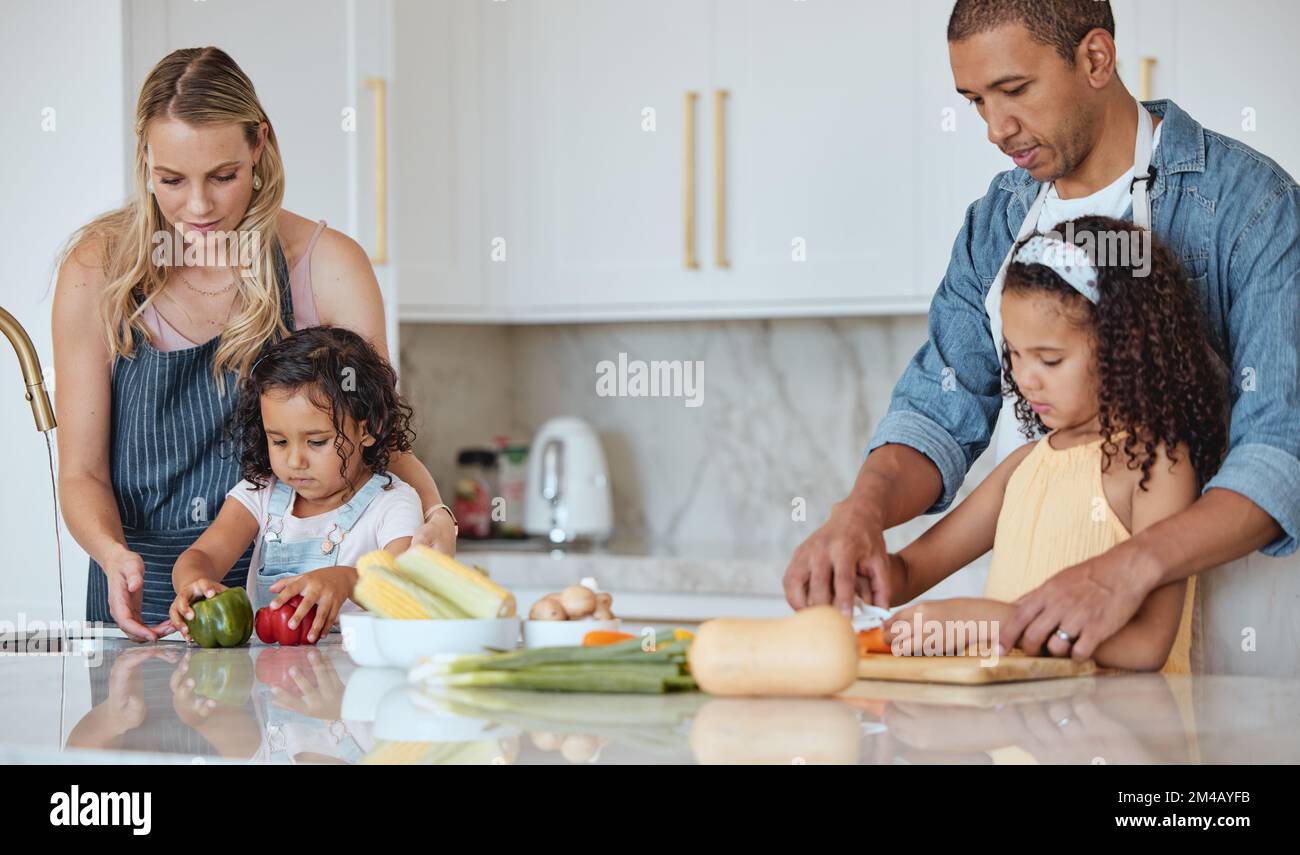 Cooking, family and kitchen learning of a girl with mother and dad with ...