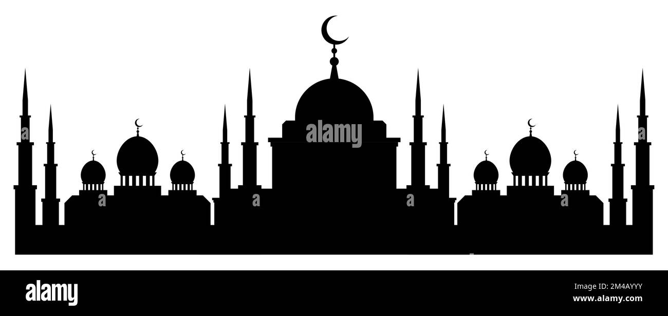 Horizontal black and white banner with silhouette of muslim mosque ...