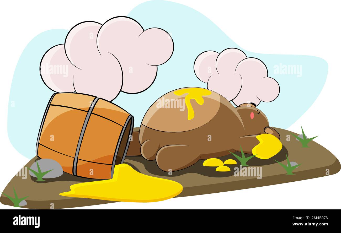 A cute bear ate too much honey and went to bed next to a large barrel ...