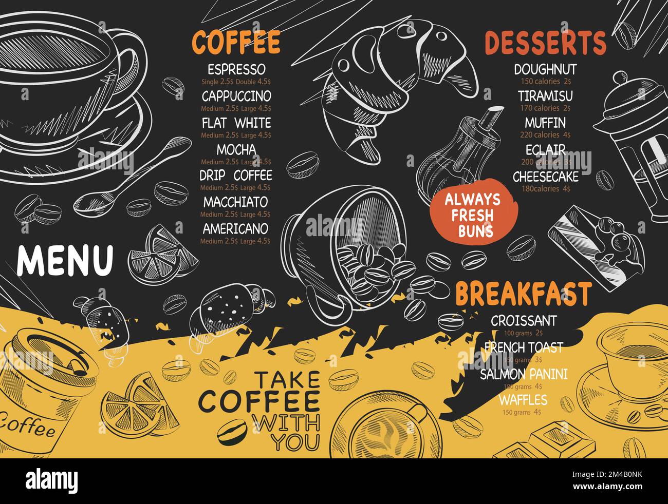 horizontal menu template with coffee dessert and breakfasts with yellow ...