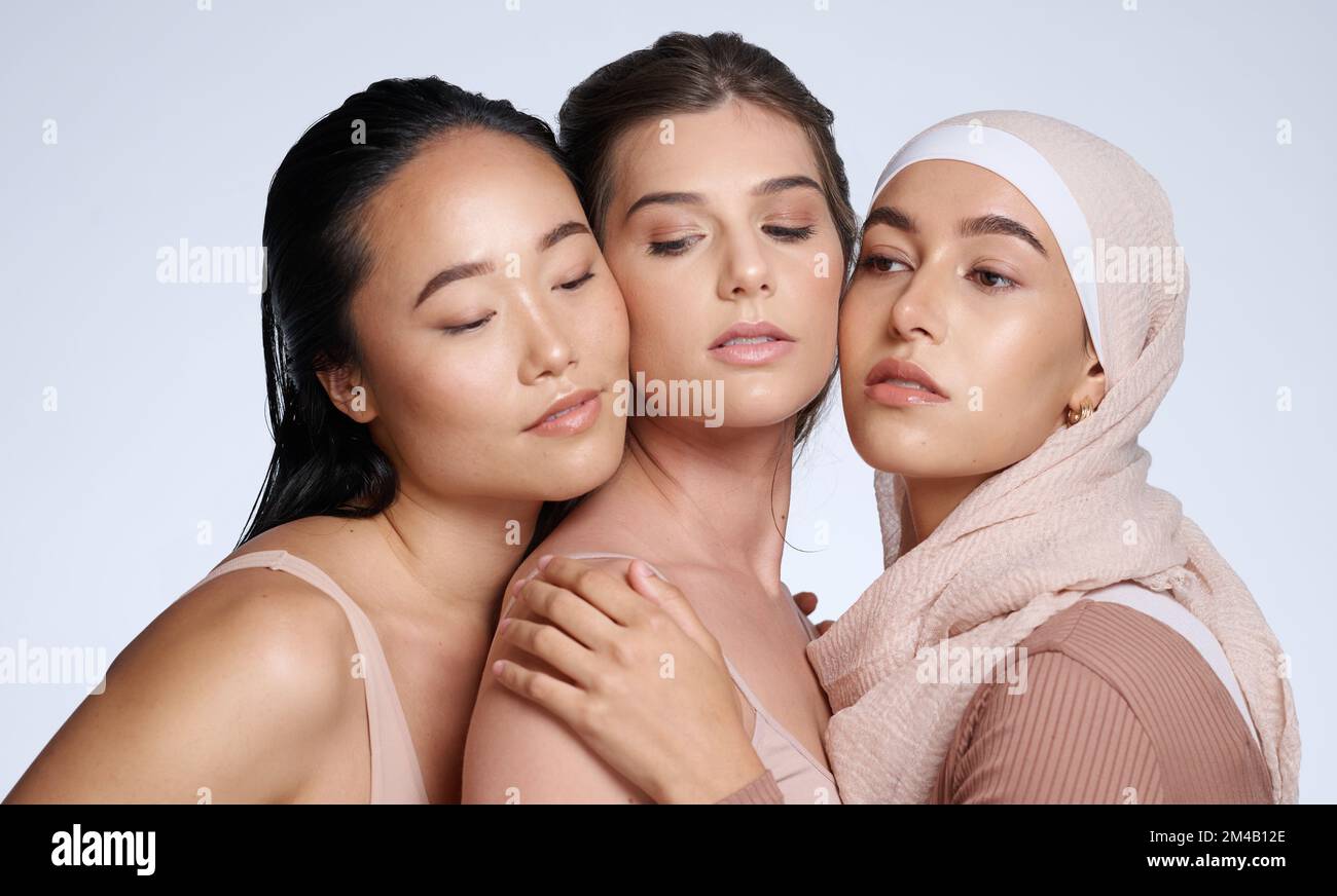 Beauty, face and women with diversity and skincare, cosmetic marketing ...