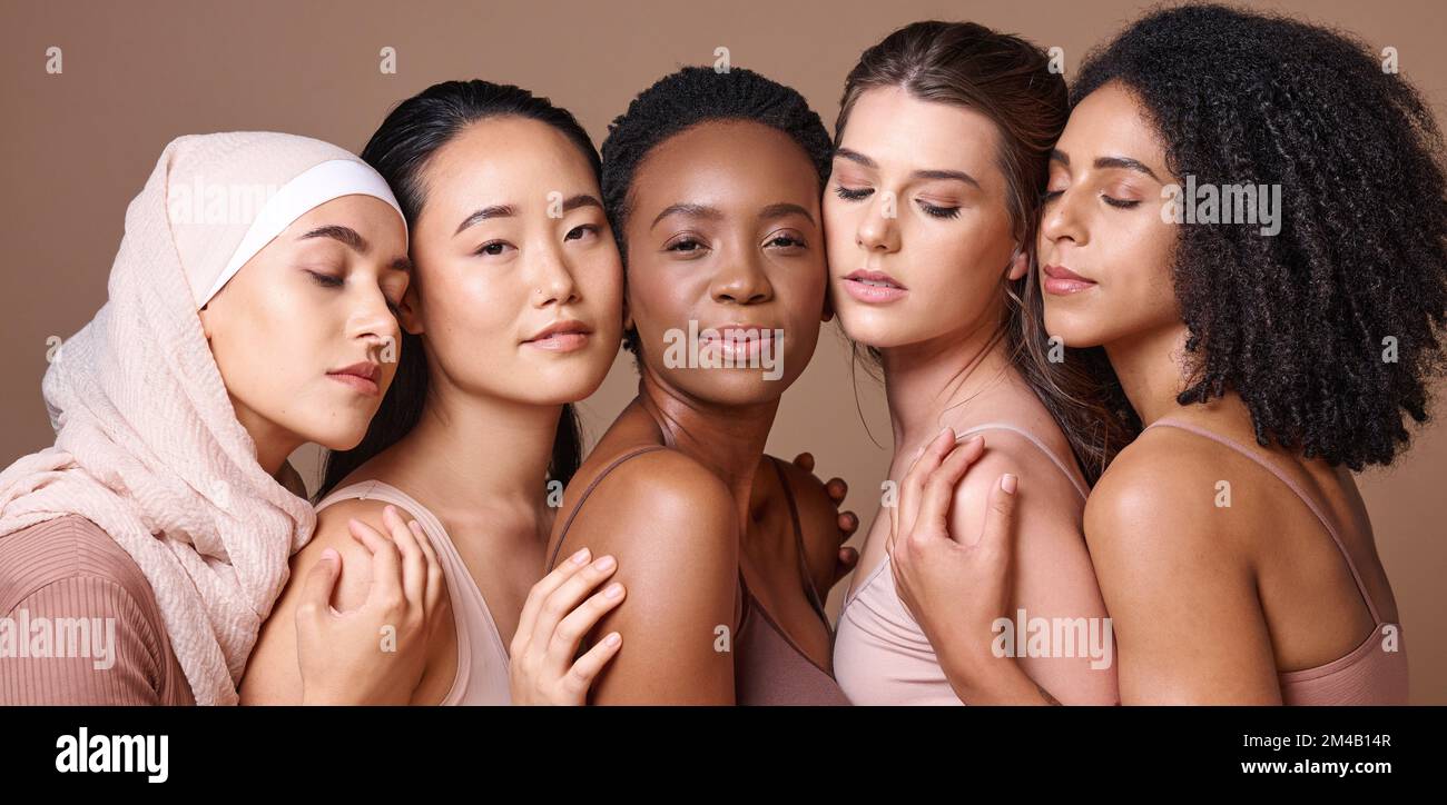 Face portrait, diversity and beauty of women in studio isolated on a ...