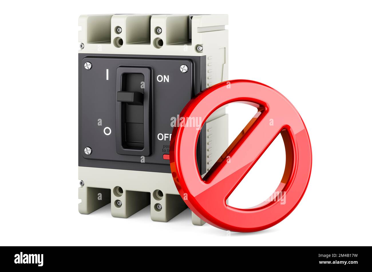 Circuit breaker with forbidden symbol, 3D rendering isolated on white ...
