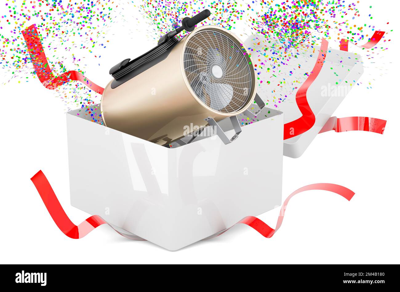 Blower heater inside gift box, present concept. 3D rendering isolated ...