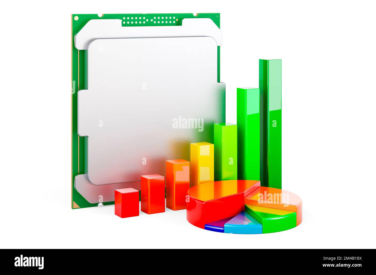 CPU with growth bar graph and pie chart, 3D rendering isolated on white ...