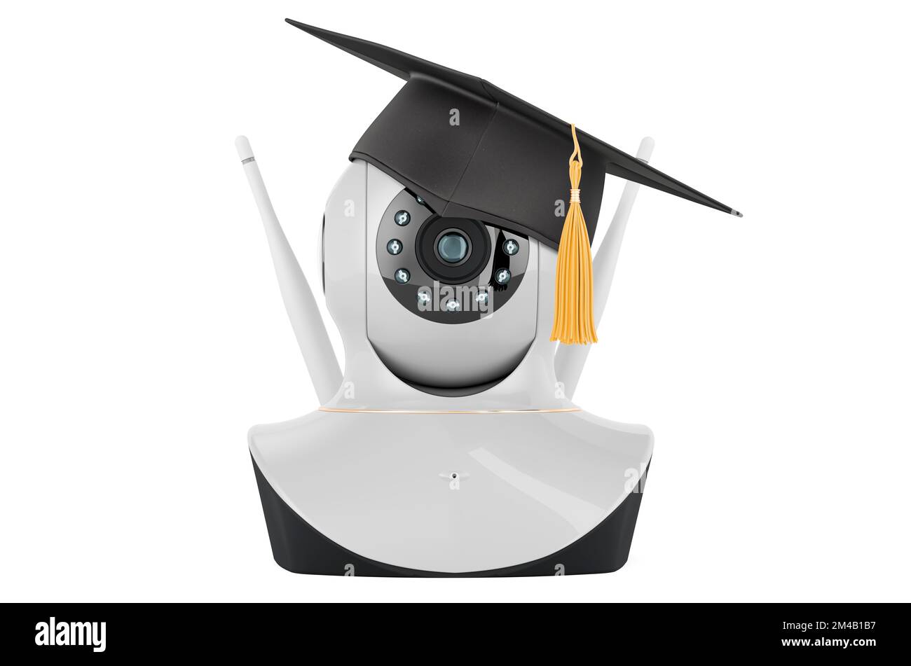 Internet Protocol camera with graduation cap. 3D rendering isolated on ...