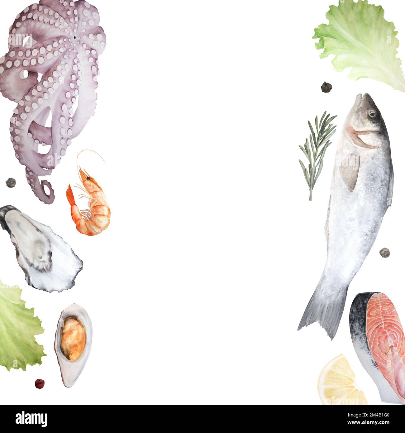 Seafood watercolor illustration, frame on white background Stock Photo ...