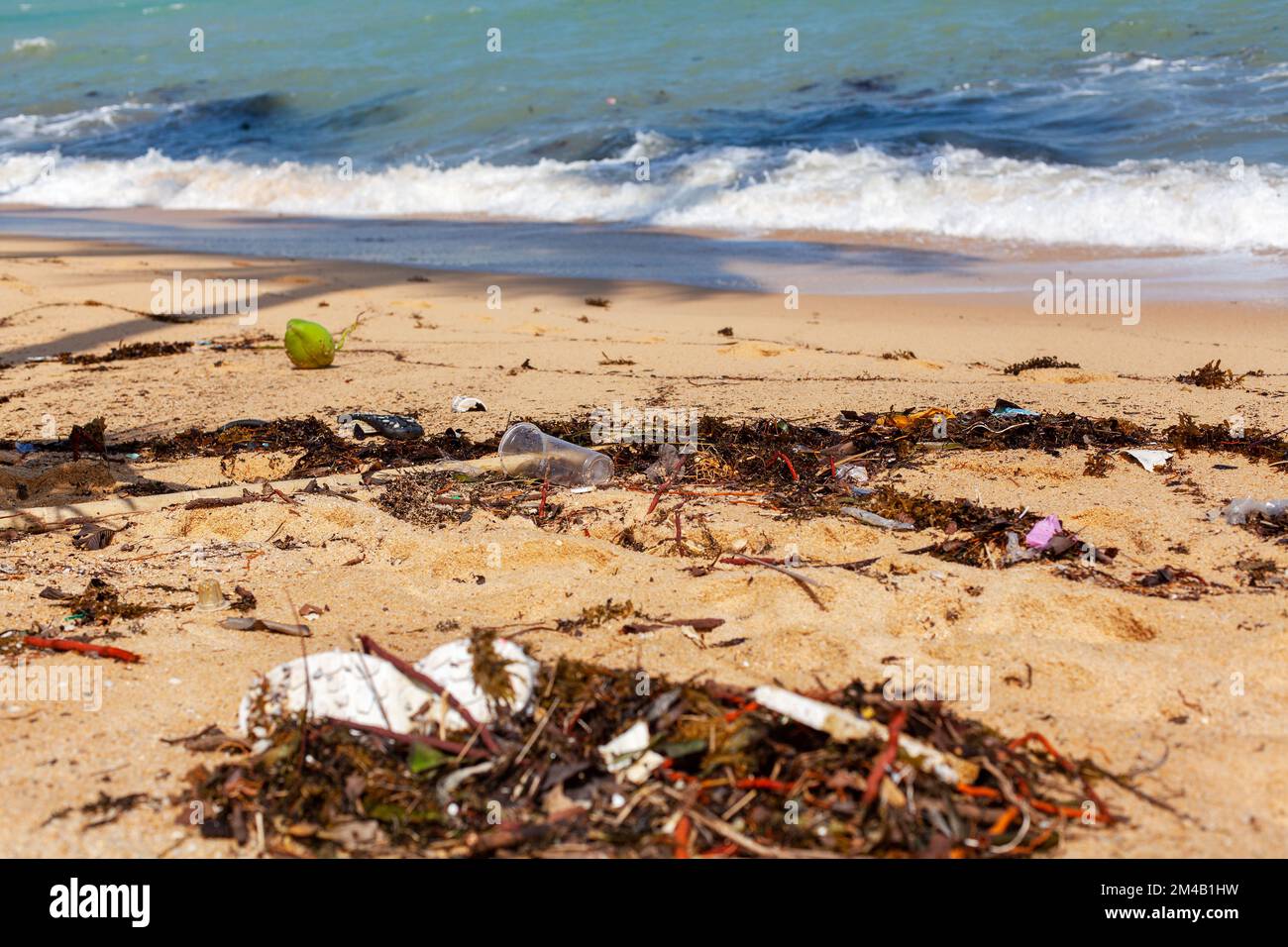 Garbage sea sand beach, unsorted rubbish, plastic bag, glass bottle ...