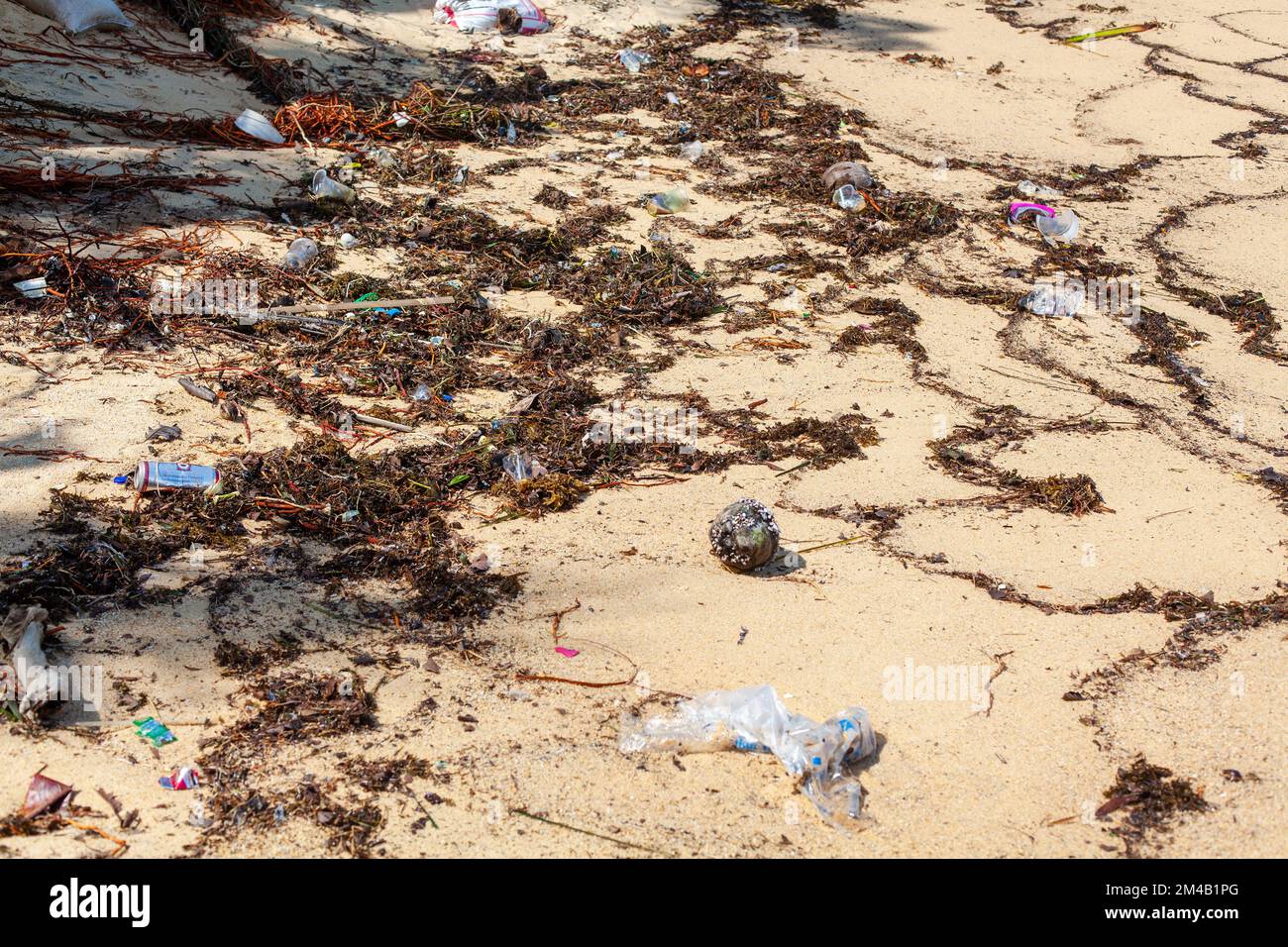 Garbage sea sand beach, unsorted rubbish, plastic bag, glass bottle ...