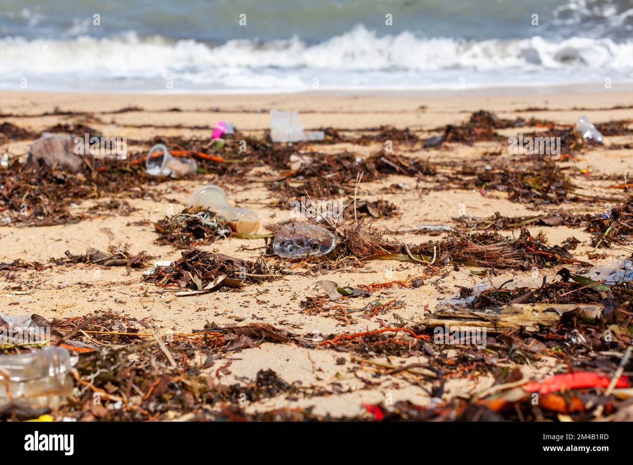 Garbage sea sand beach, unsorted rubbish, plastic bag, glass bottle ...