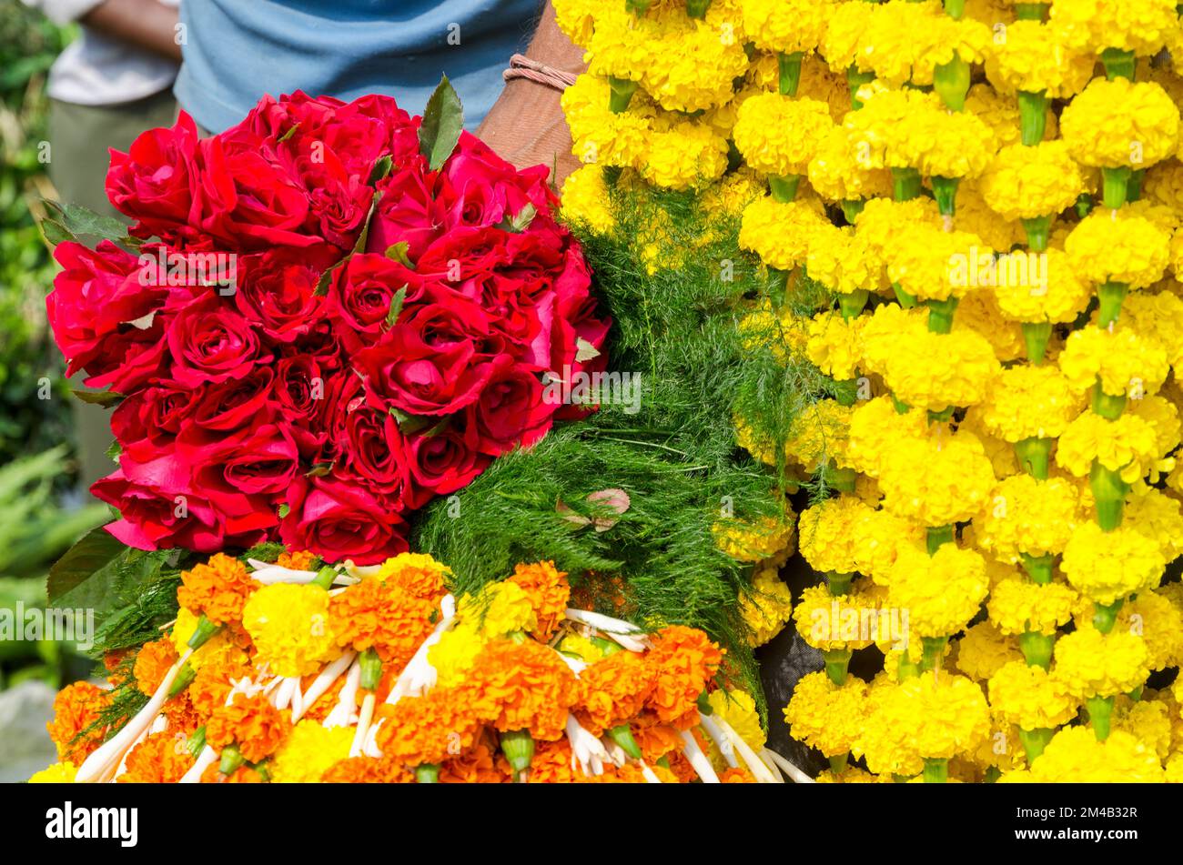 Flower arrangement at the flowermarket of Kolkata. The 125-year old ...