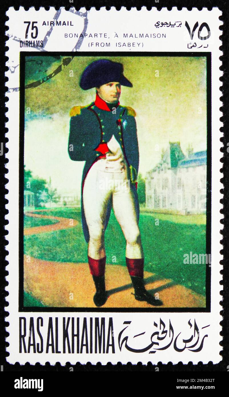 MOSCOW, RUSSIA - OCTOBER 29, 2022: Postage stamp printed in Ras Al ...