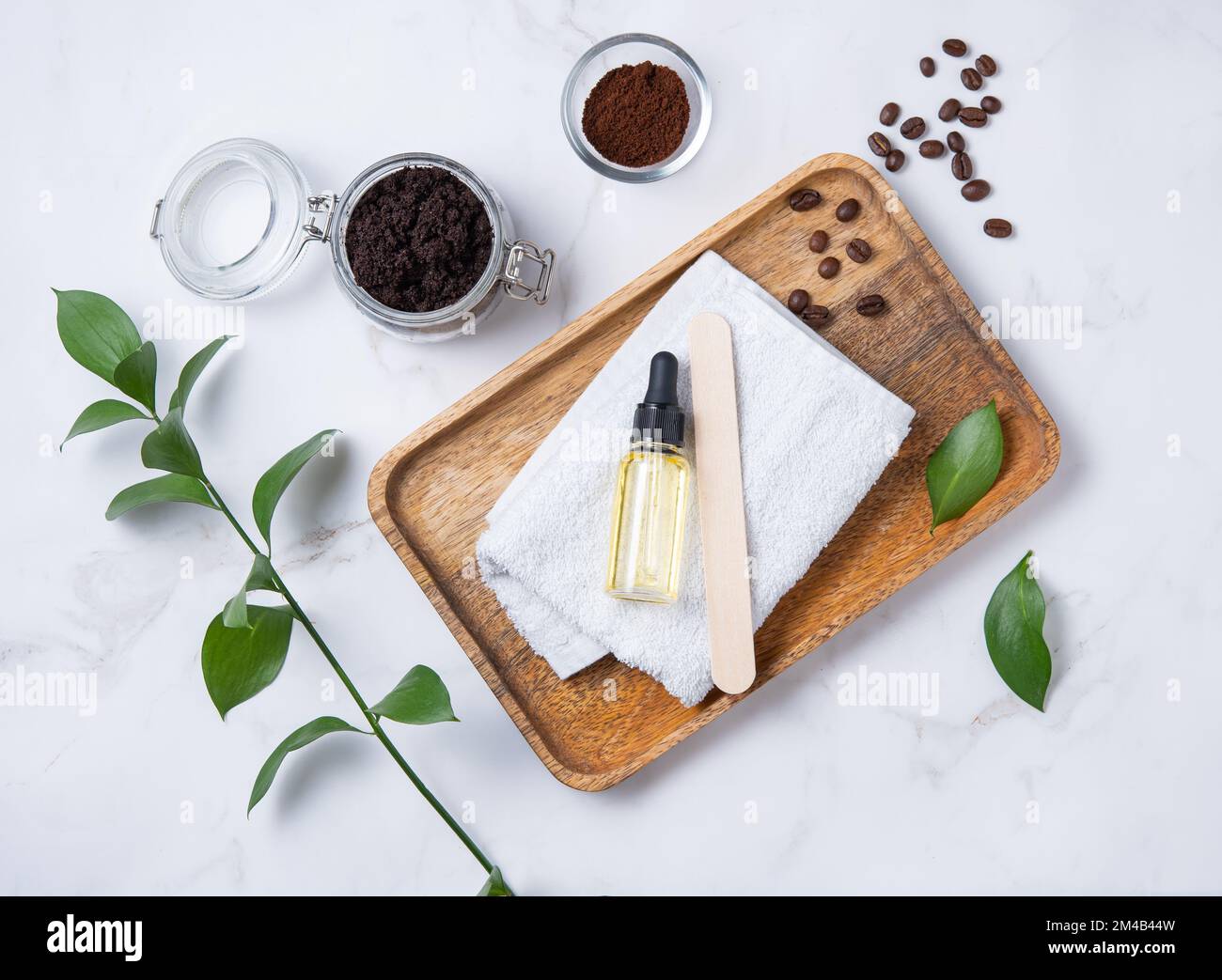 Flat lay with natural ingredients for home body coffee scrub with ...