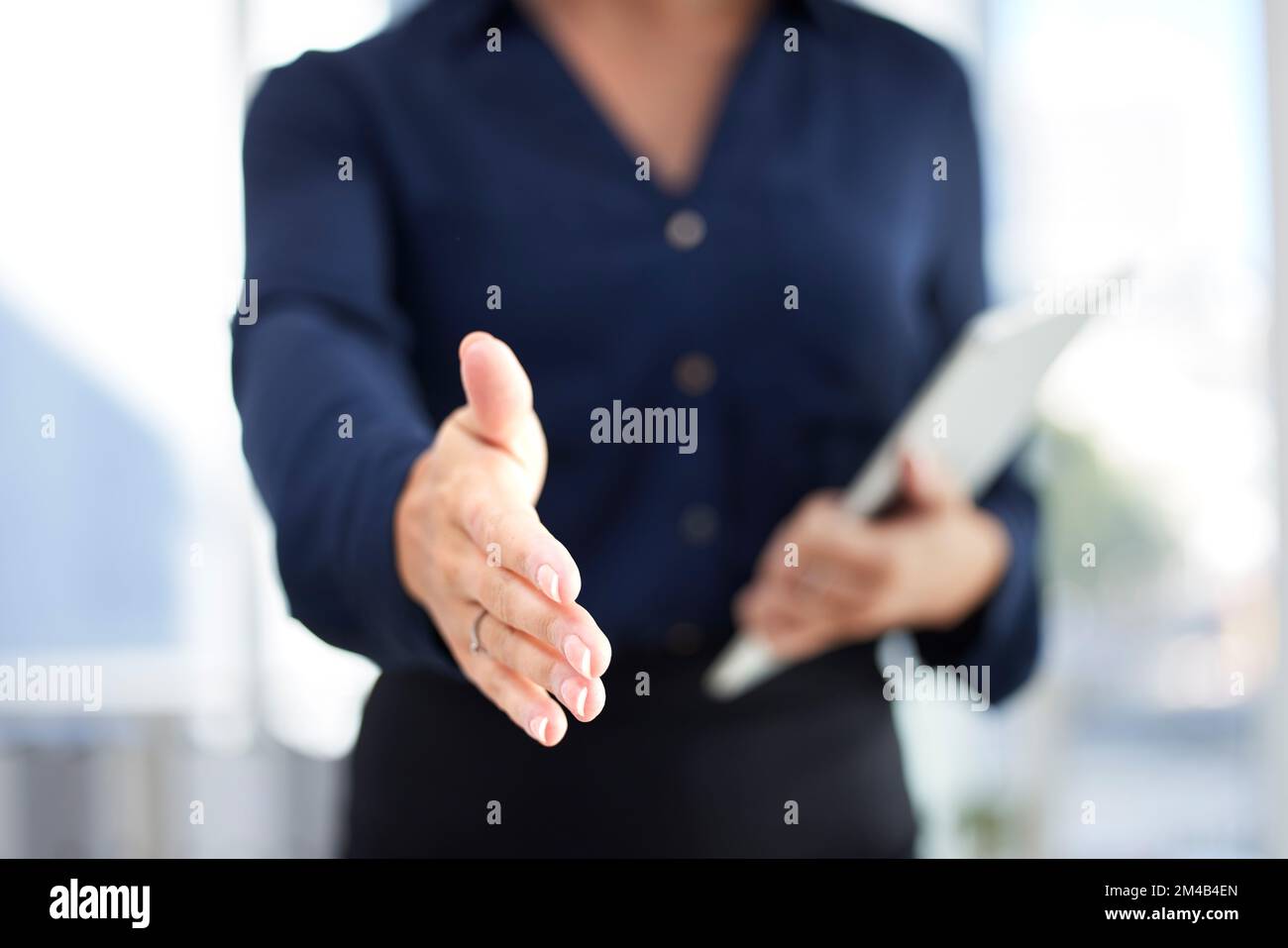 Welcome, trust and woman with hand out for handshake in support or ...