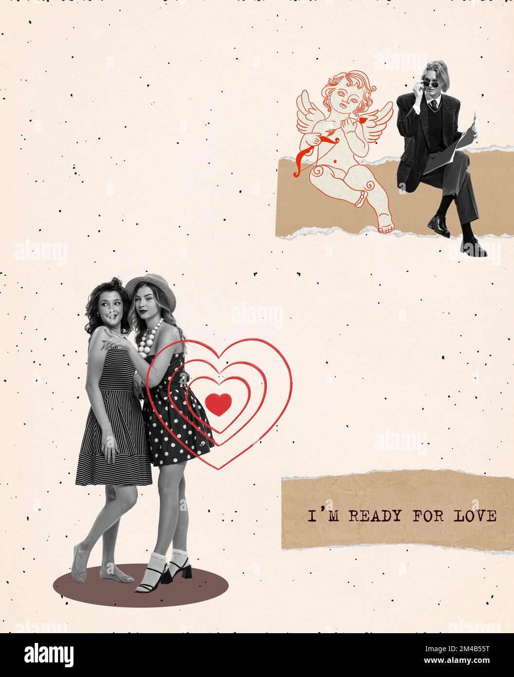 Two beautiful happy girls looking for love. Creative design for ...
