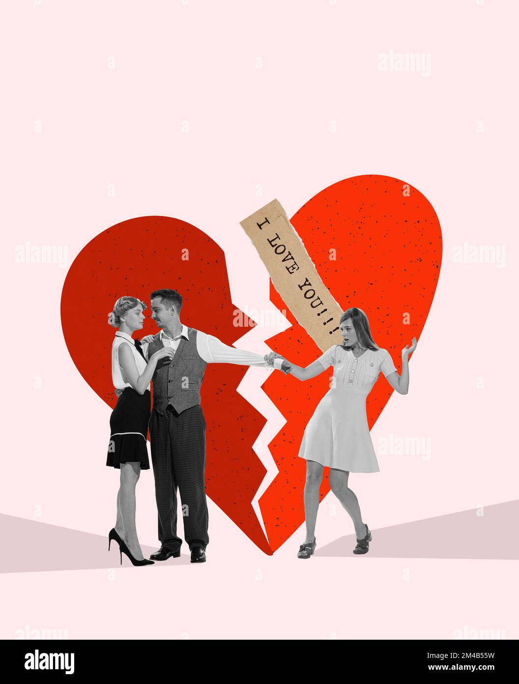 Couple in love and rival standing over drawn breaking heart. Ideas, art ...