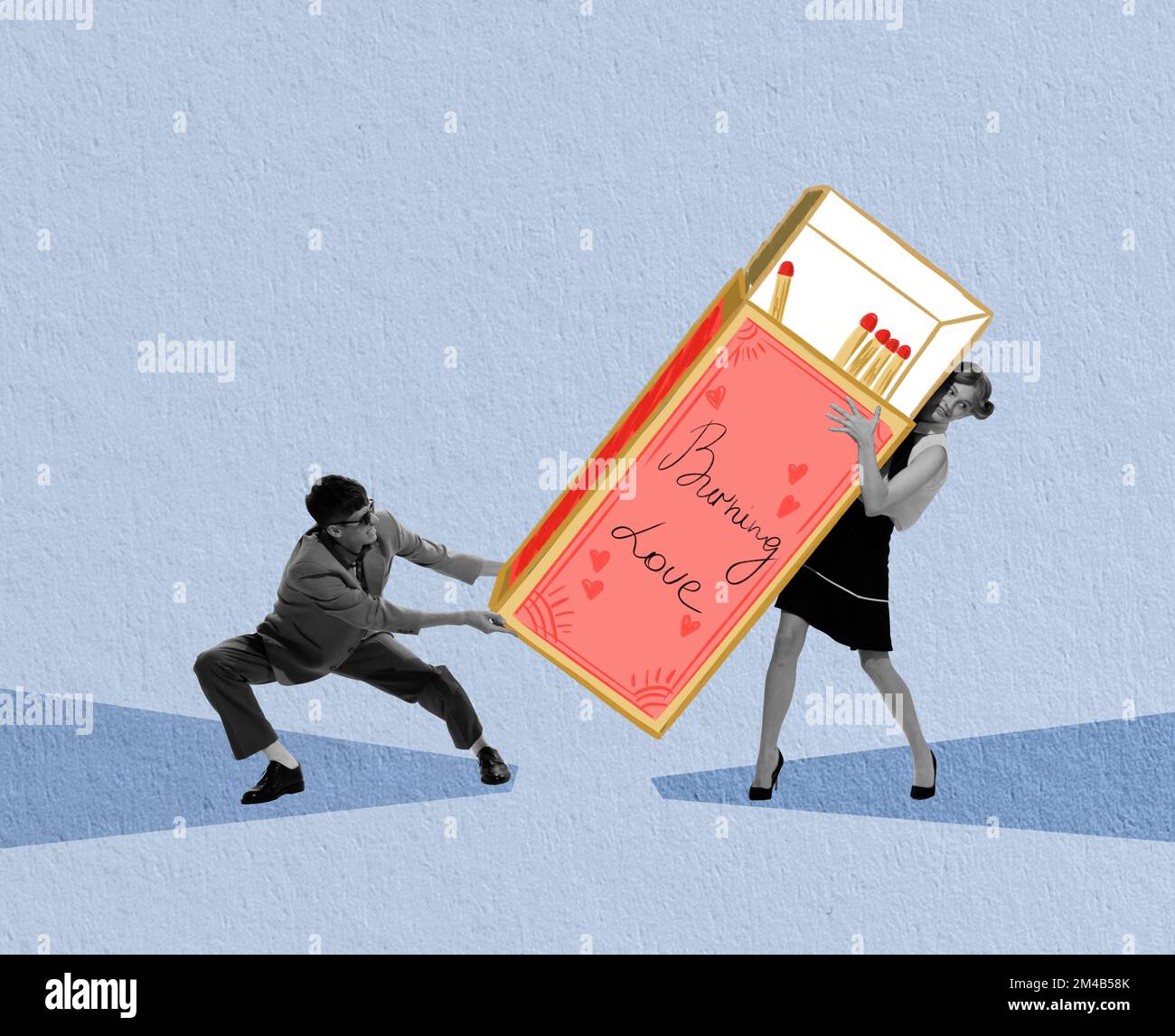 Younf man and woman with huge drawn box of matches. Creative design for ...