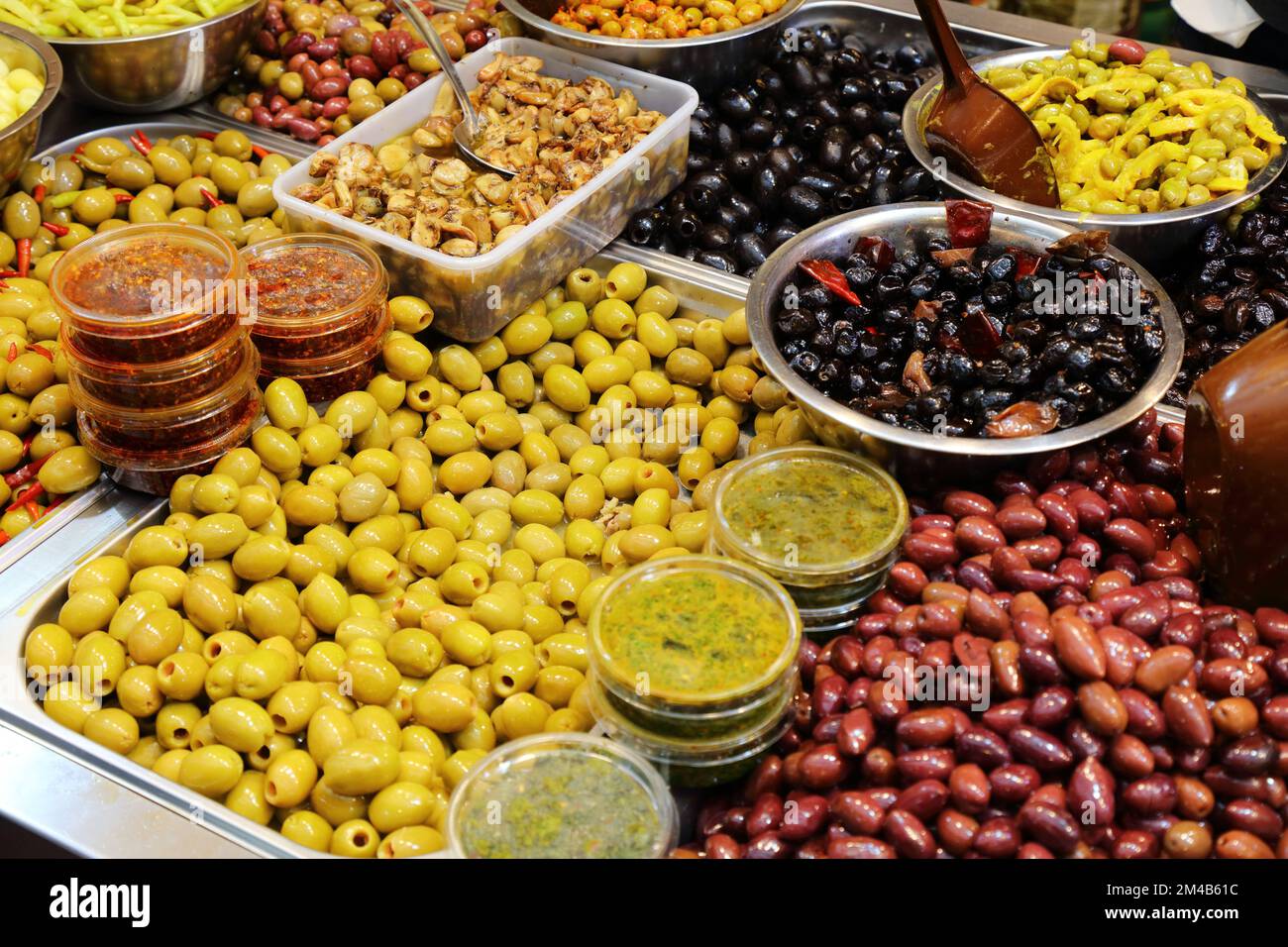 Israeli cuisine at Mahane Yehuda Market (or shuk) in Jerusalem. Various ...