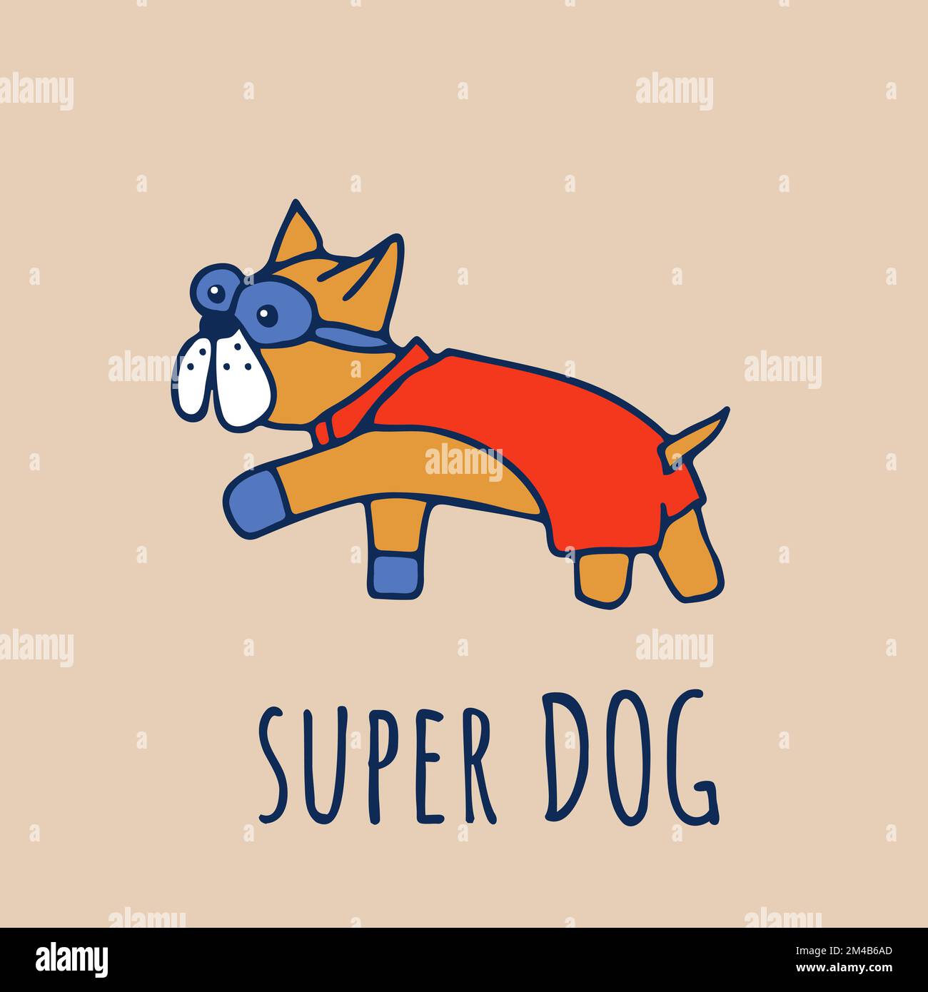 Super pet funny card. Cute strong dog wearing superhero blue mask and ...