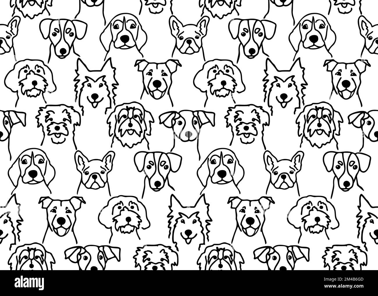 Seamless pattern with black outline doodle dogs faces. Cute dog head ...