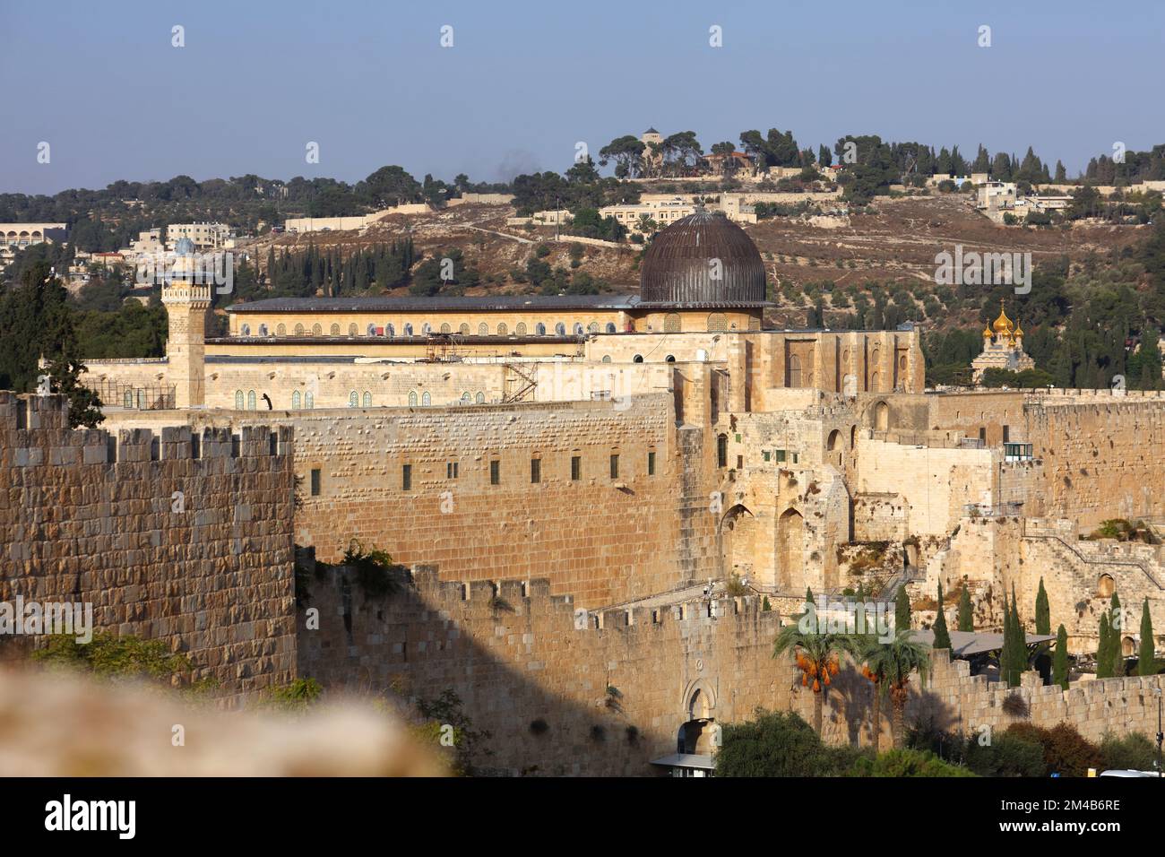 Jerusalem Old City landmarks. City Walls and Al-Aqsa Mosque on Temple ...