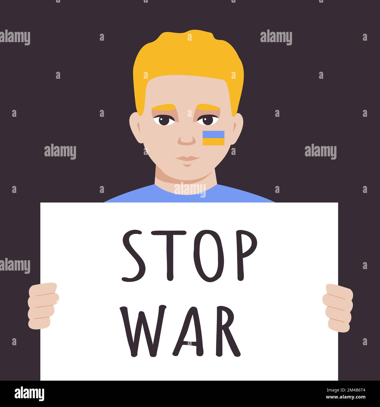 Boy hold banner. Child protest against war. Stop war script. Blond boy ...