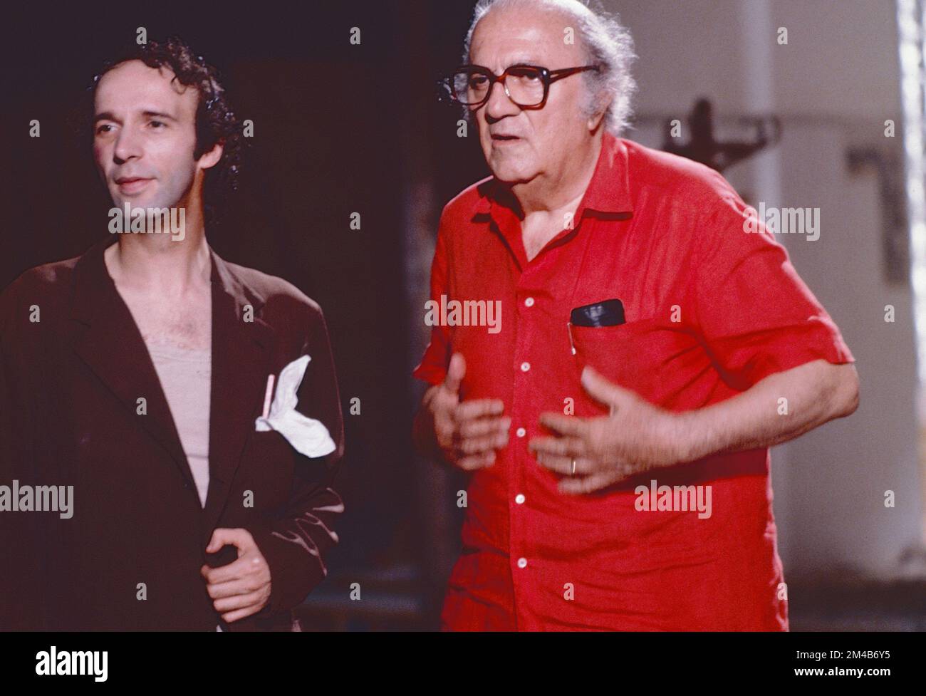 Italian actor Roberto Benigni and film director Federico Fellini, Italy ...