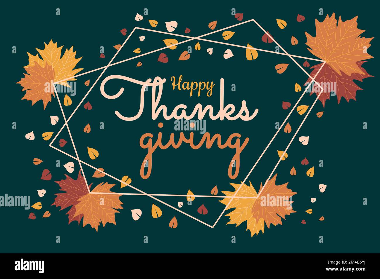 Happy Thanksgiving day script polygonal frame. Autumn maple tree leaves border on falling ...