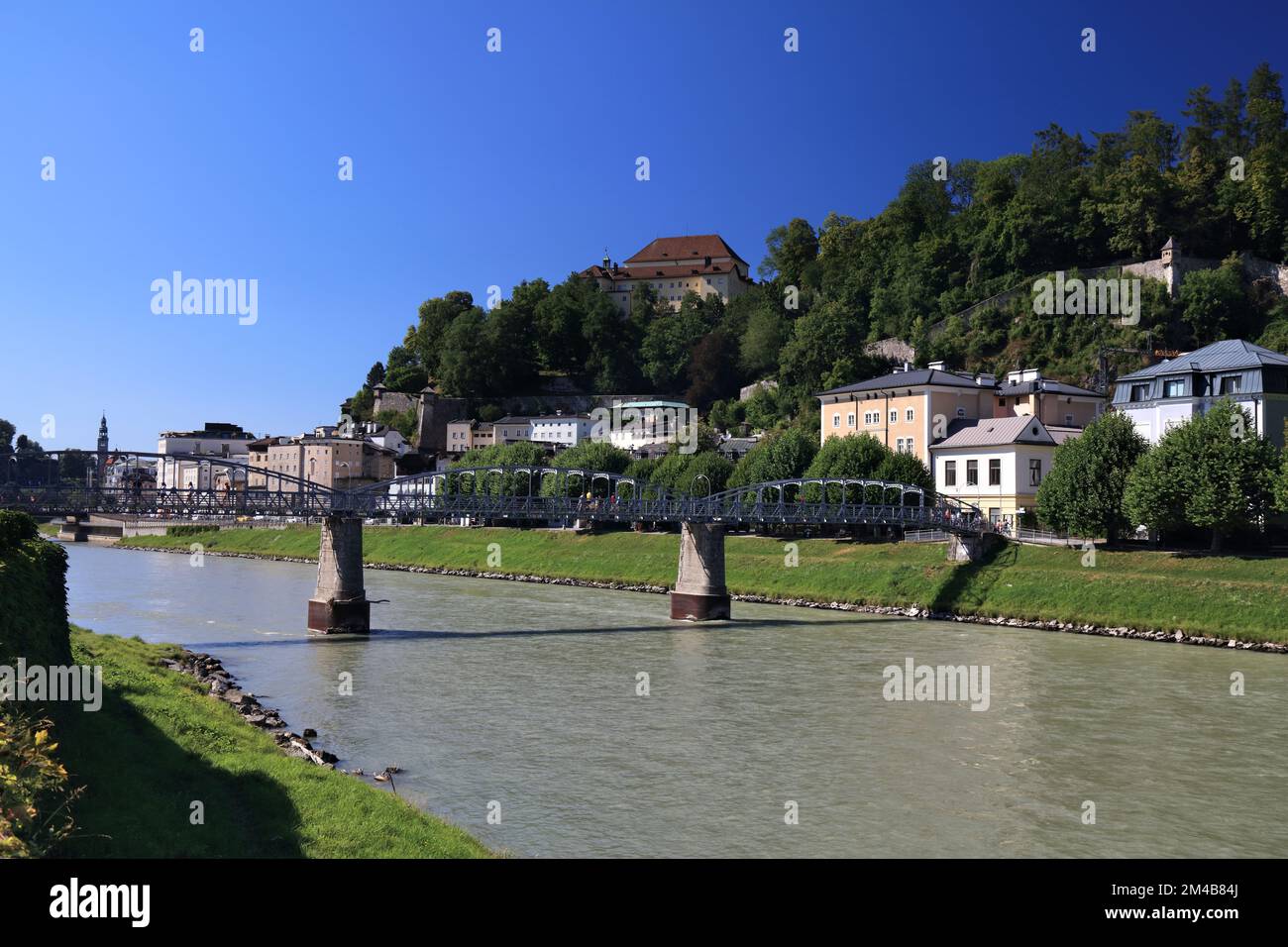 Salzburg, Austria. City view with Salzach river footbridge Mozartsteg ...