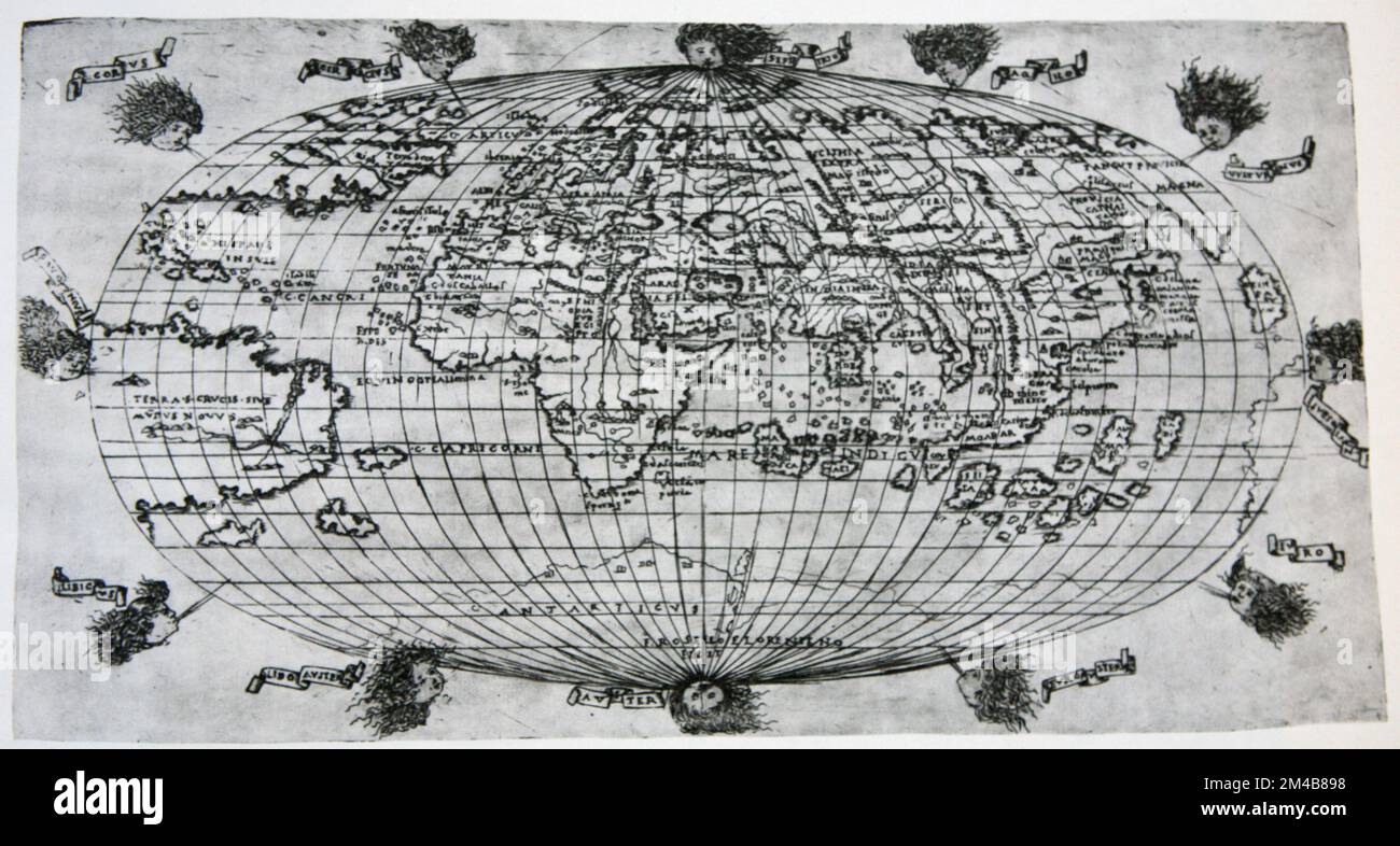Planisphere by Italian map engraver Francesco Rosselli, 1502-6 Stock ...
