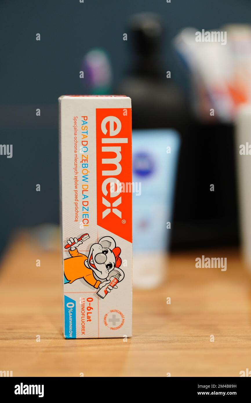 A vertical shot of an Elmex brand toothpaste for kids in a box Stock ...