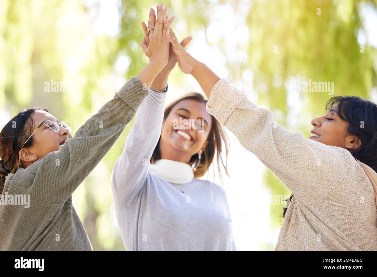 Friends, park and high five with joy in celebration for love, care and ...