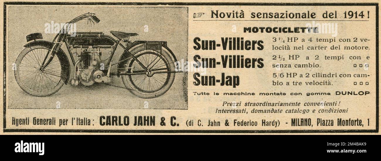 Vintage newspaper ad of Sun-Villiers motorcycle, Italy 1910s Stock ...