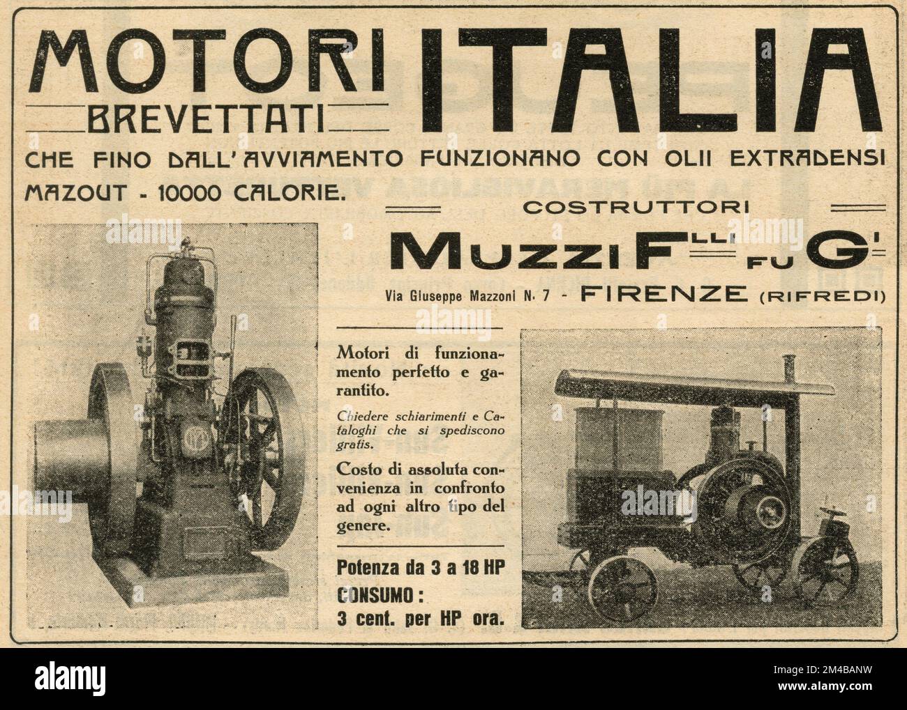 Vintage newspaper ad of Muzzi engines, Italy 1910s Stock Photo - Alamy