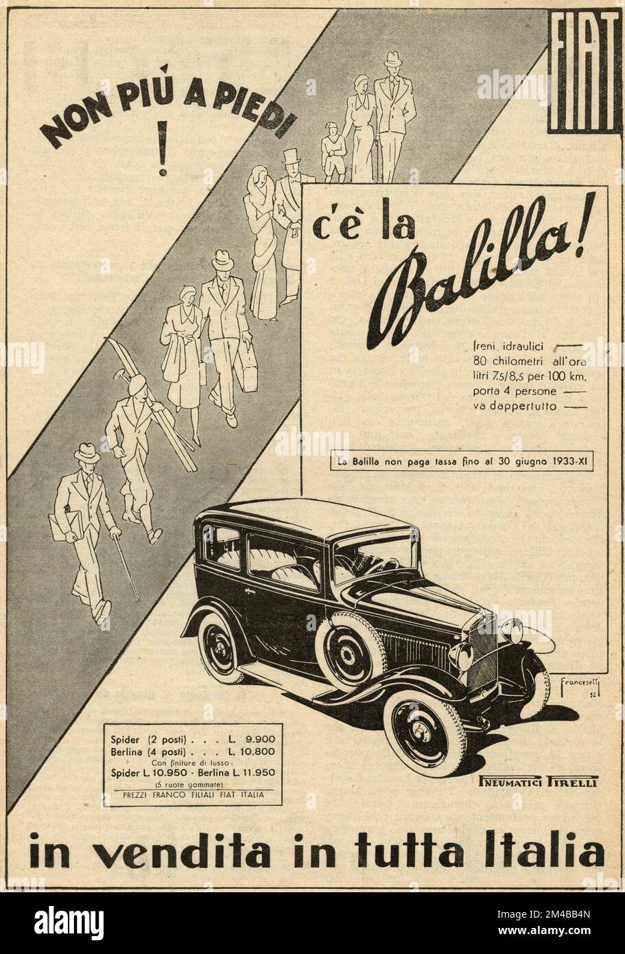 Vintage newspaper ad of FIAT Balilla car, Italy 1930s Stock Photo - Alamy