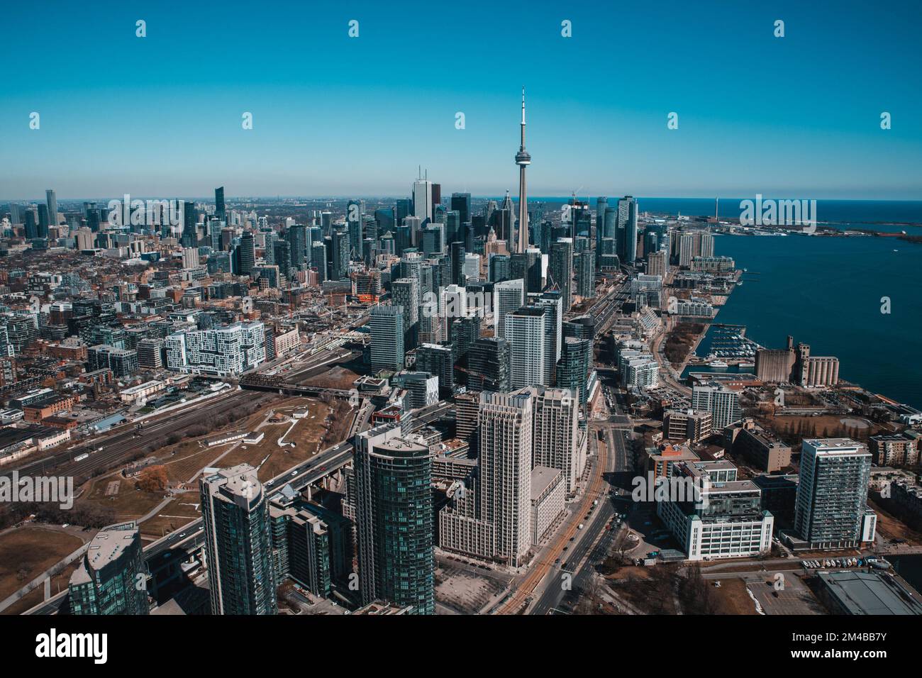An aerial view of Toronto skyline in Ontario, Canada captured in winter ...