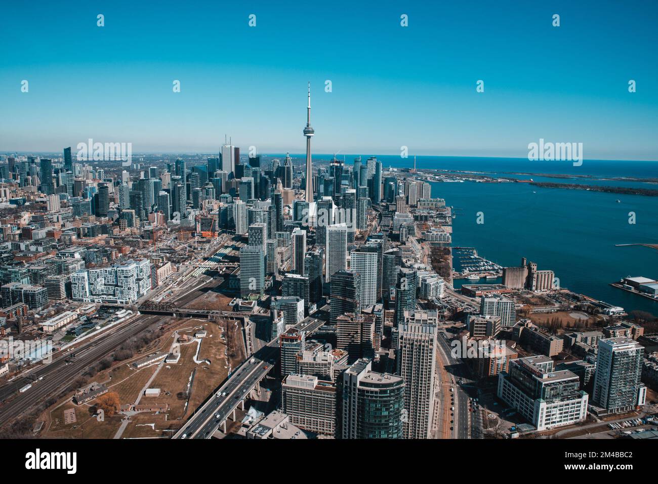 An aerial view of Toronto skyline in Ontario, Canada captured in winter ...