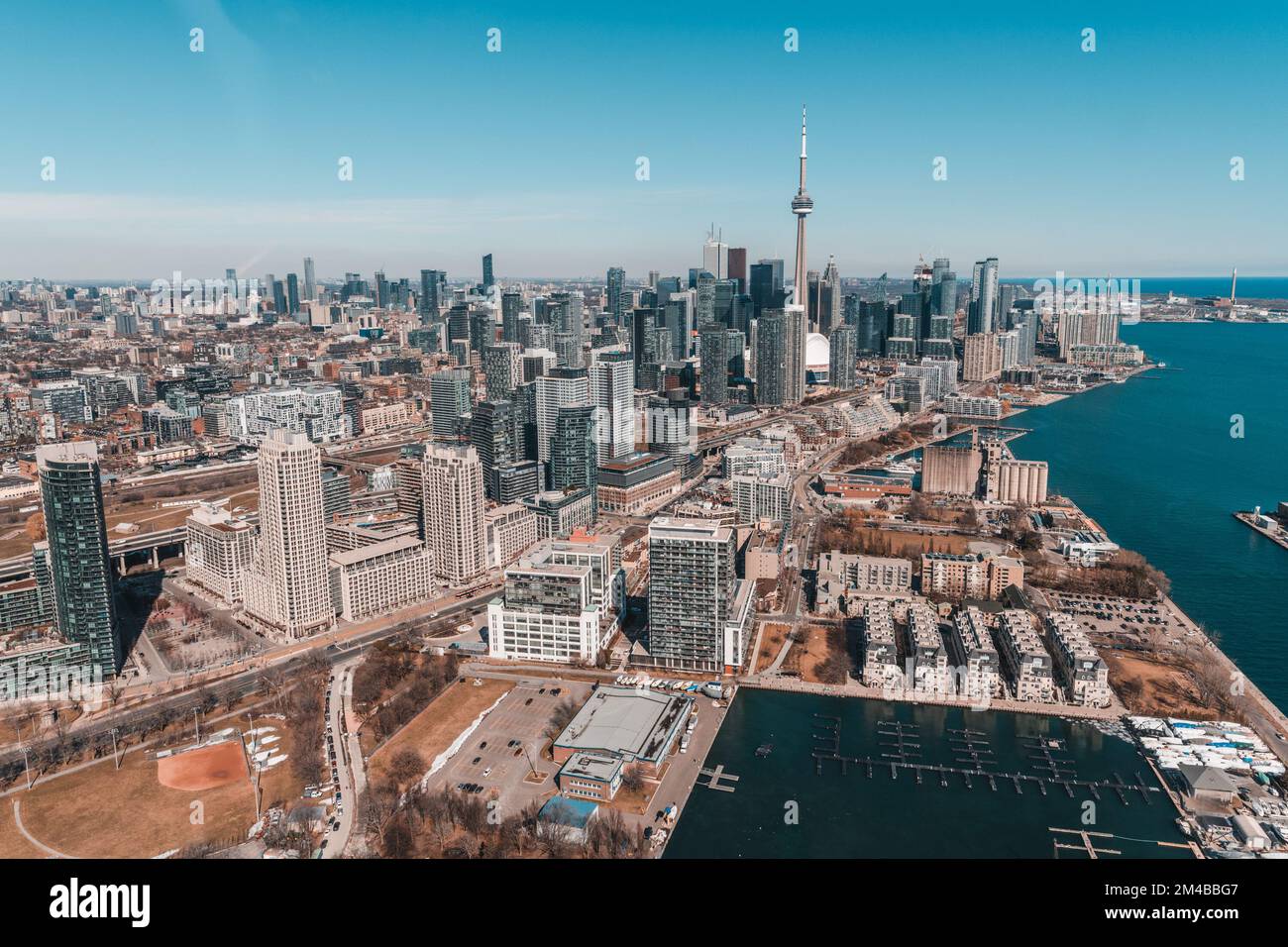 An aerial view of Toronto skyline in Ontario, Canada captured in winter ...
