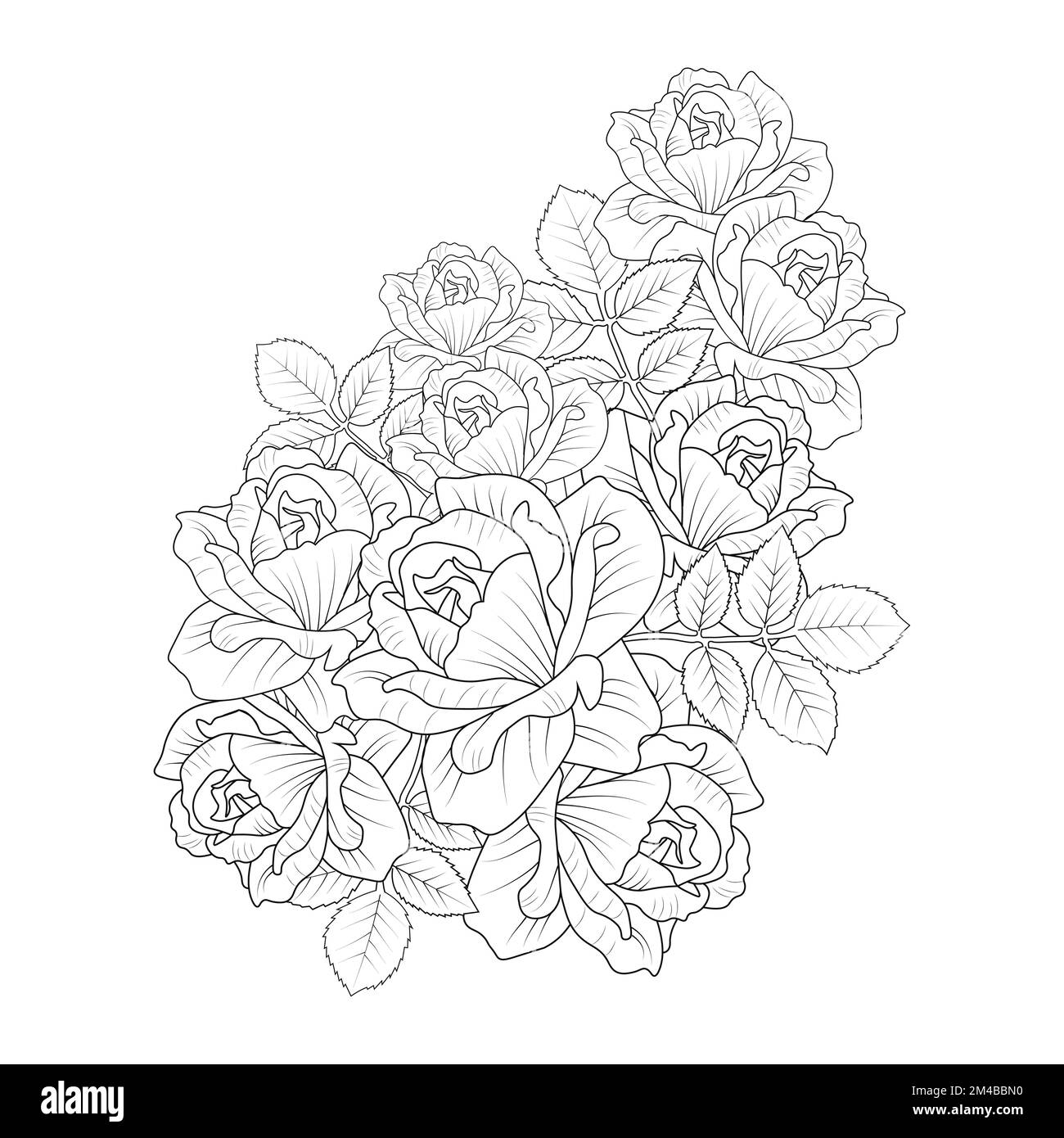Red Rose Flower Bouquet Outline Vector Art With Roses Leaves For Adult Coloring Page Stock