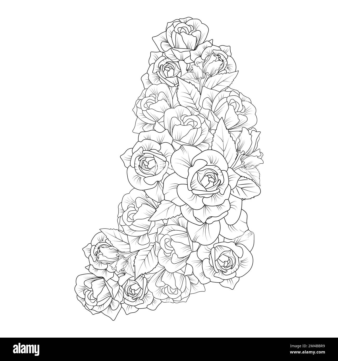 red rose flower bouquet outline vector art with roses leaves for adult ...