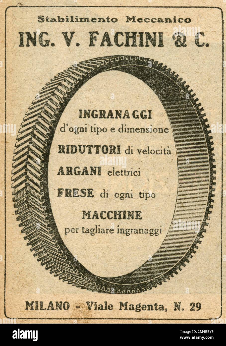 Vintage newspaper ad of Fachini & Co. mechanicals, Italy 1920s Stock ...