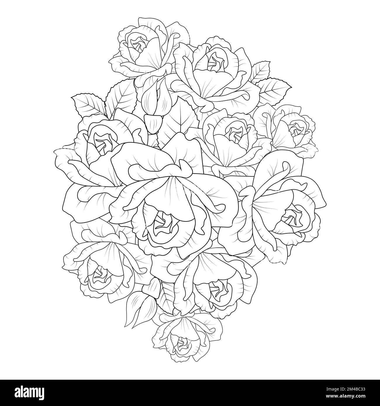 red rose flower bouquet outline vector art with roses leaves for adult ...